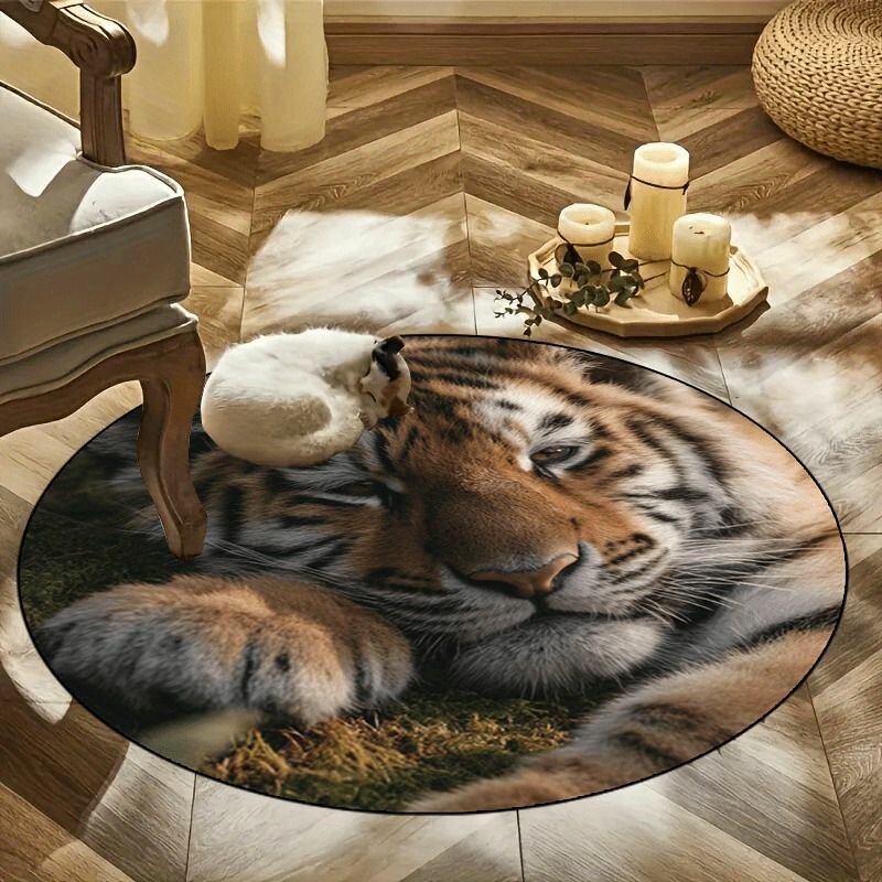 Спящий тигр с милым кошачьим круглым ковриком для пола, теплое декоративное изделие в единственном экземпляре