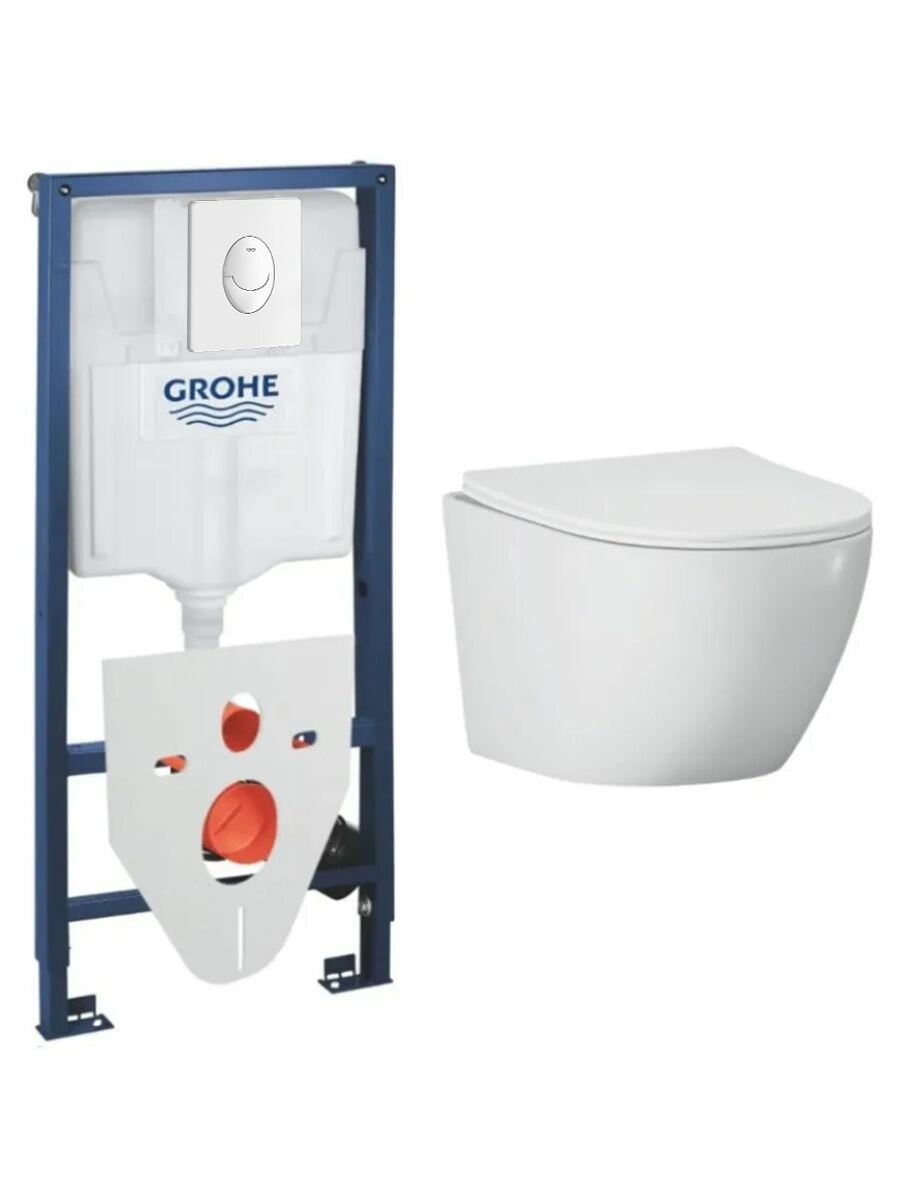 Инсталляция с унитазом комплект: унитаз подвесной Helmken 35103001, безободковый, сиденье с микролифтом из дюропласта, инсталляция Grohe, шумоизоляция, кнопка смыва