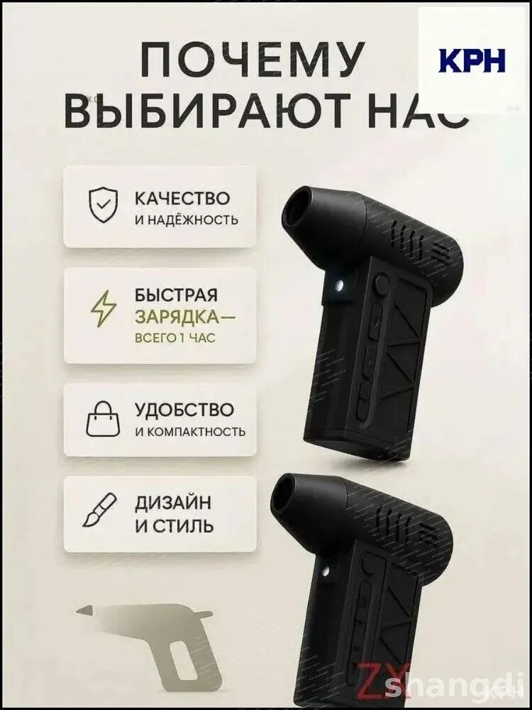 Воздуходувка портативная для дома и авто, мощность, 4 режима работы, скорость обдува 210 км/ч, емкость аккумулятора 6000 мАч, комплект насадок — фото 1