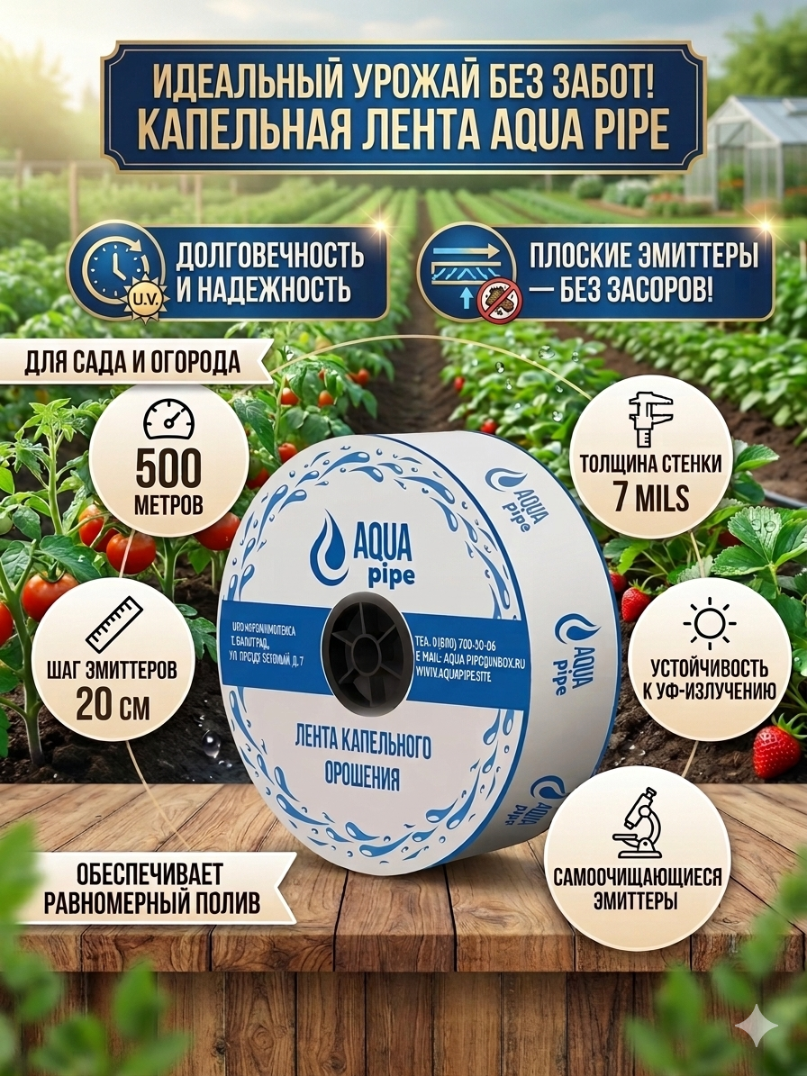 Капельная лента эмиттерная AQUA PIPE 500 метров, шаг 20 см, 7 mil для капельного полива.