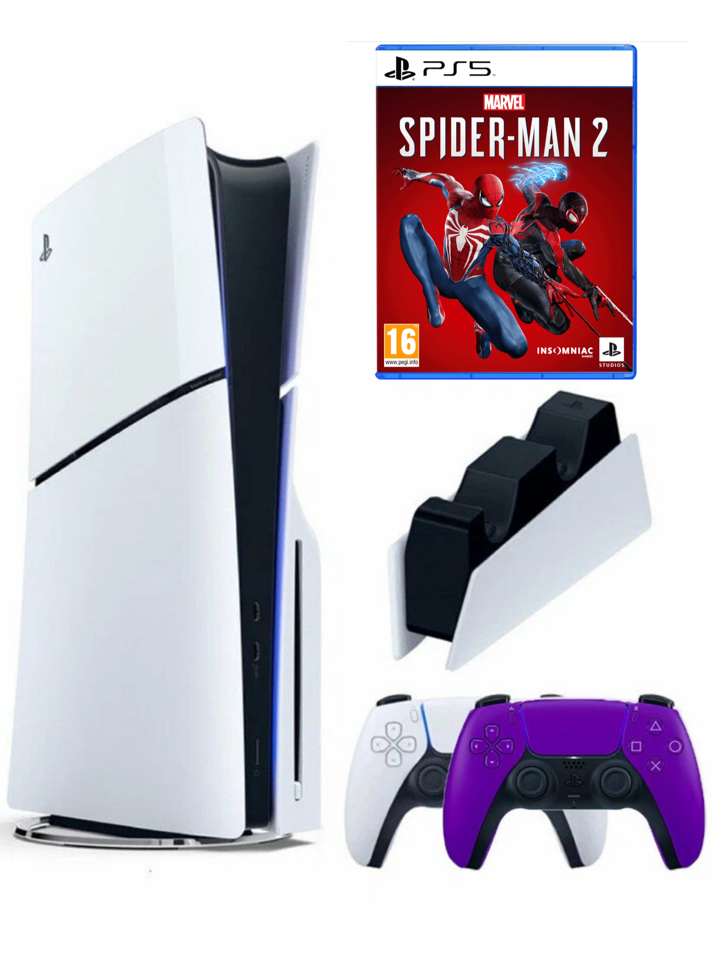 PS5 (ПС5) Игровая приставка Sony PlayStation 5 Slim disc + 2-й геймпад(фиолетовый) + зарядное + игра Spider-Man2