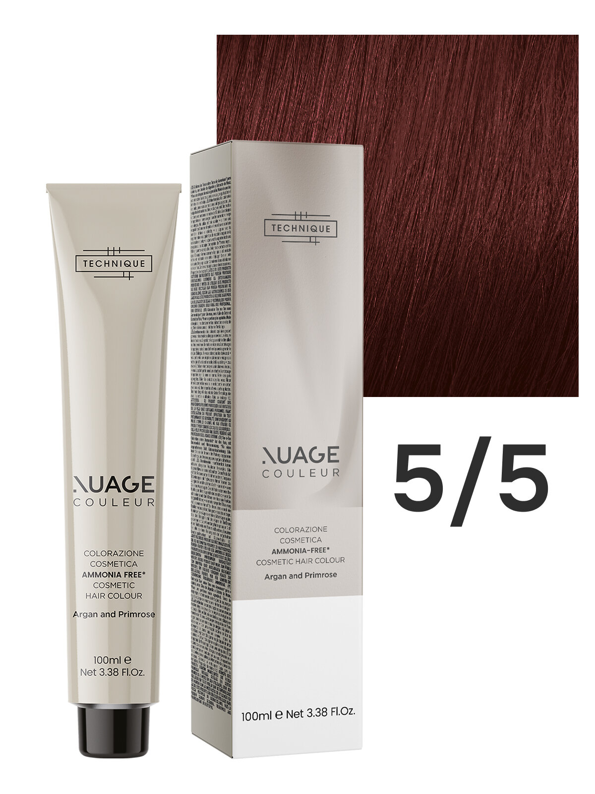 Крем - краска для волос профессиональная без аммиака Technique Nuage Ammonia Free Hair Color Cream 5.5 Светлый каштановый Махагоновый, 100 мл
