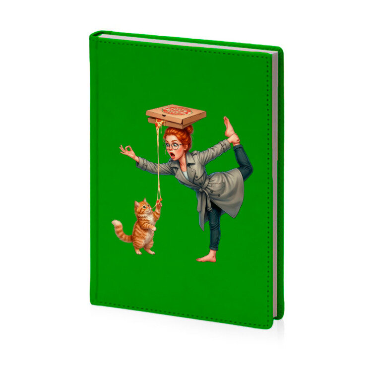 Ежедневник «Смешная девушка йога с пиццей и рыжим котом» (зеленый)