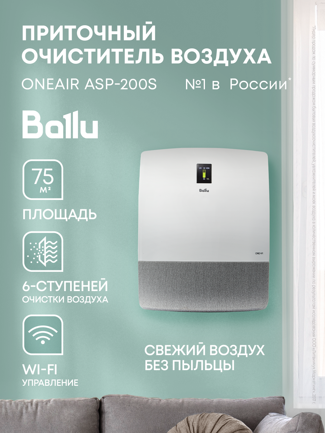 Очиститель воздуха Ballu ONEAIR ASP-200S, 200 м³/ч, Wi-Fi, голосовое управление, датчик CO2