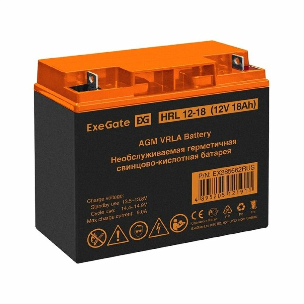 Exegate EX285662RUS Аккумуляторная батарея ExeGate HRL 12-18 12V 18Ah, клеммы F3 болт М5 с гайкой