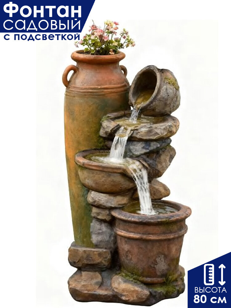 Фонтан садовый декоративный уличный Waterfall Grande Brocca высота 80 см / Фонтанчик с подсветкой