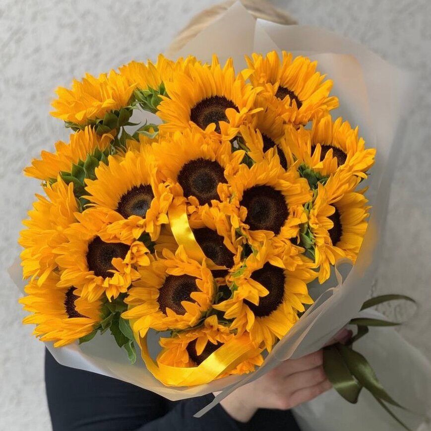 Букет из подсолнухов 19 шт, красивый букет цветов, шикарный, премиум цветы, премиум букет