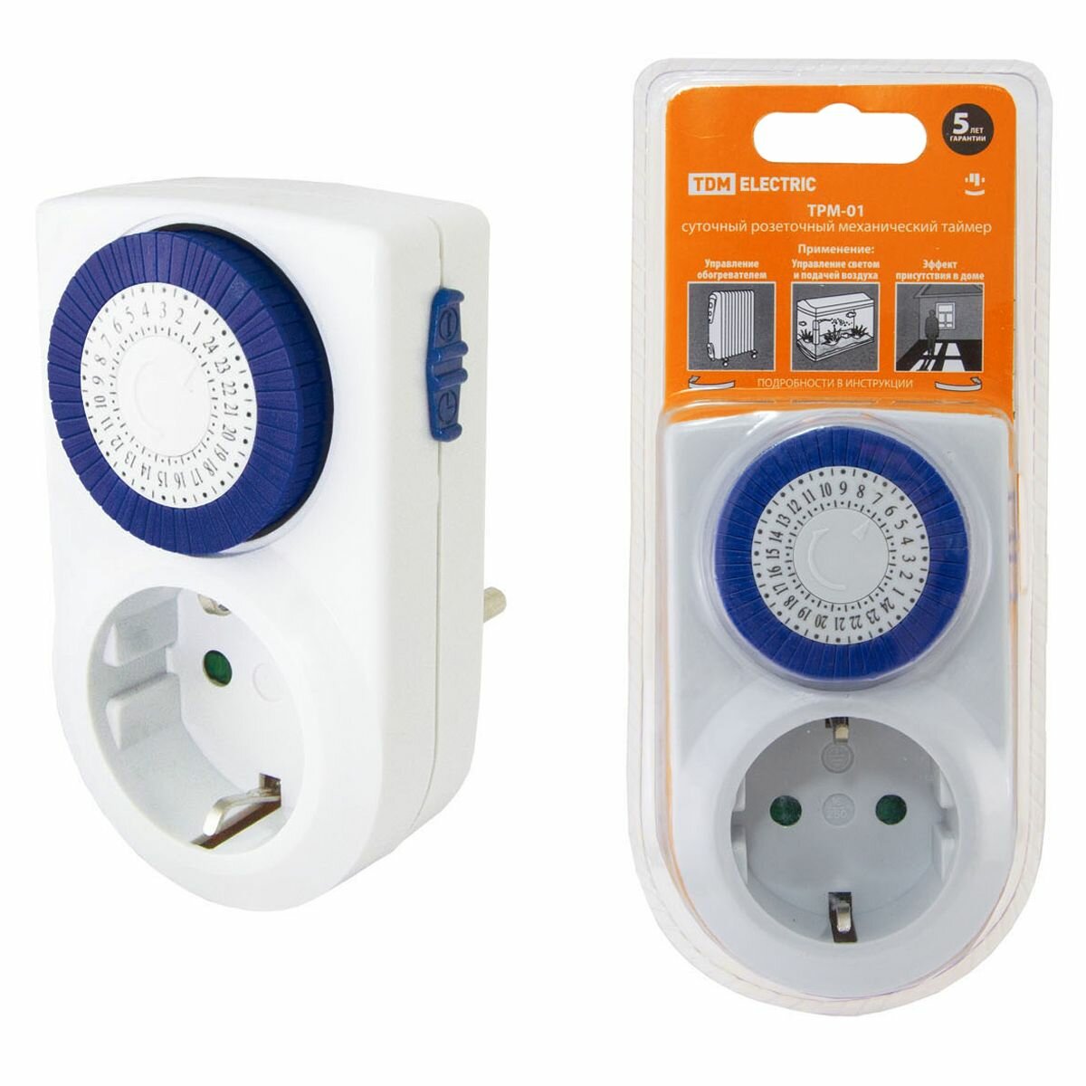 Таймер розеточный Tdm electric механический, интервал 30 минут на 24 часа, сила тока 16 а (SQ1506-0001)