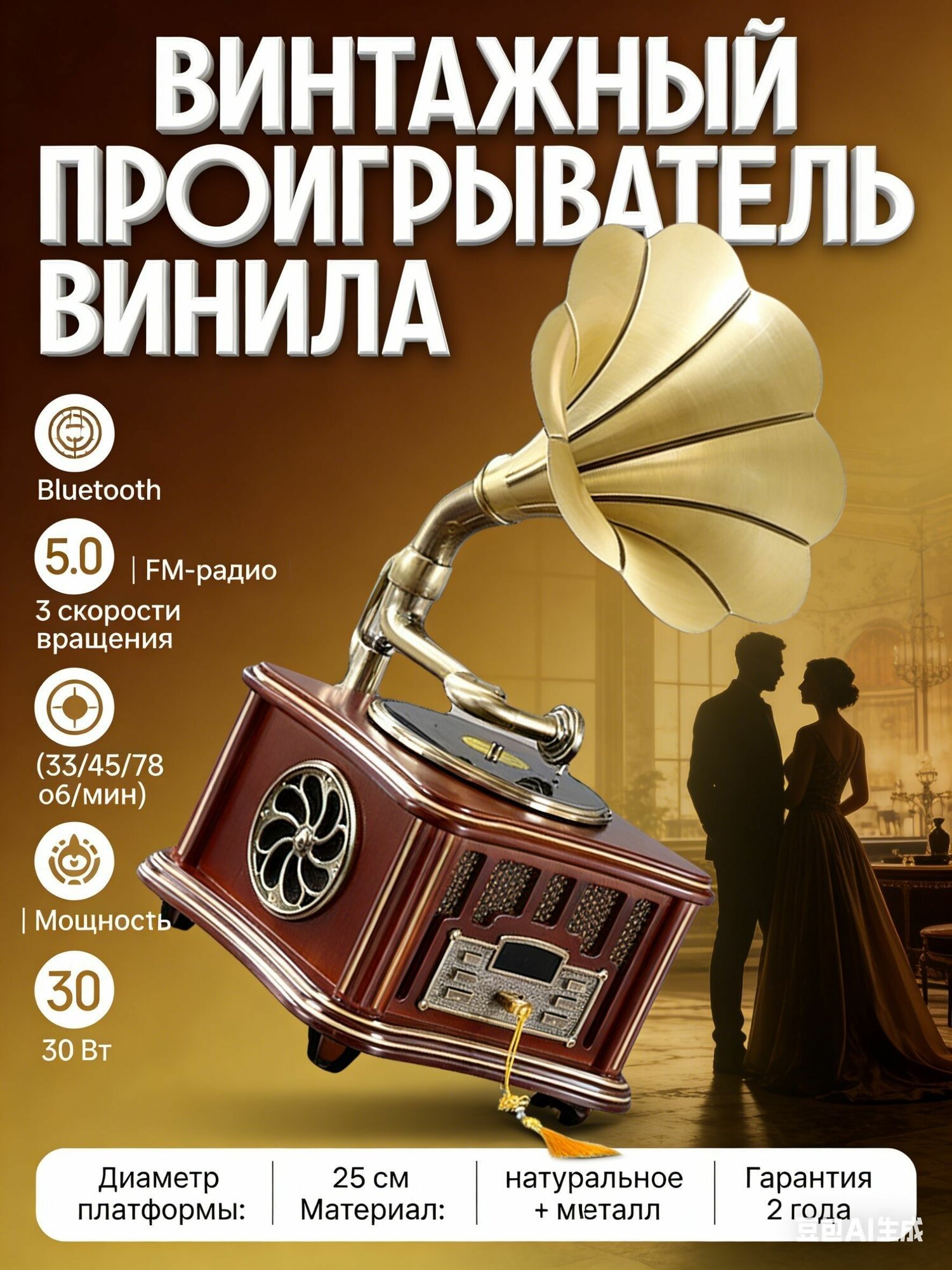 Винтажный проигрыватель винила с Bluetooth и FM