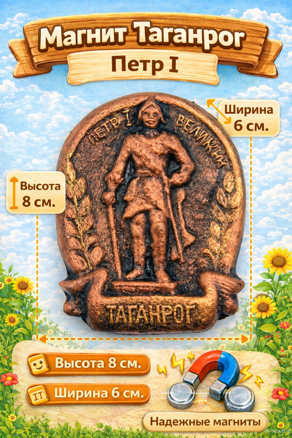 Магнит Таганрог Петр Первый керамика, бронзовый, 80х60х5 мм. 1 шт.