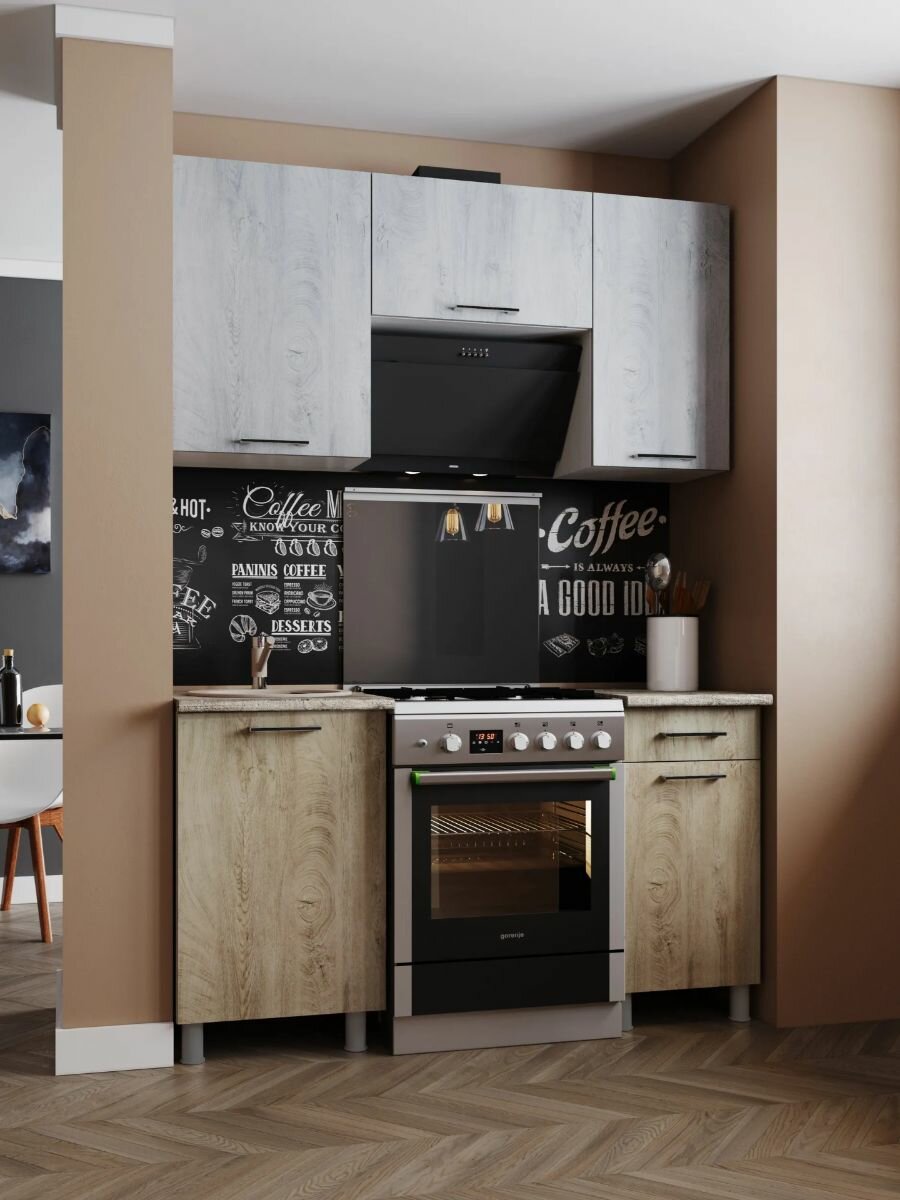 Кухонный гарнитур (кухня) Палермо 1.5 м с окапом, ЛДСП/МДФ, Белый/Дуб Остин Серый/Дуб Остин Бежевый, 1500х2160х430, тэкс