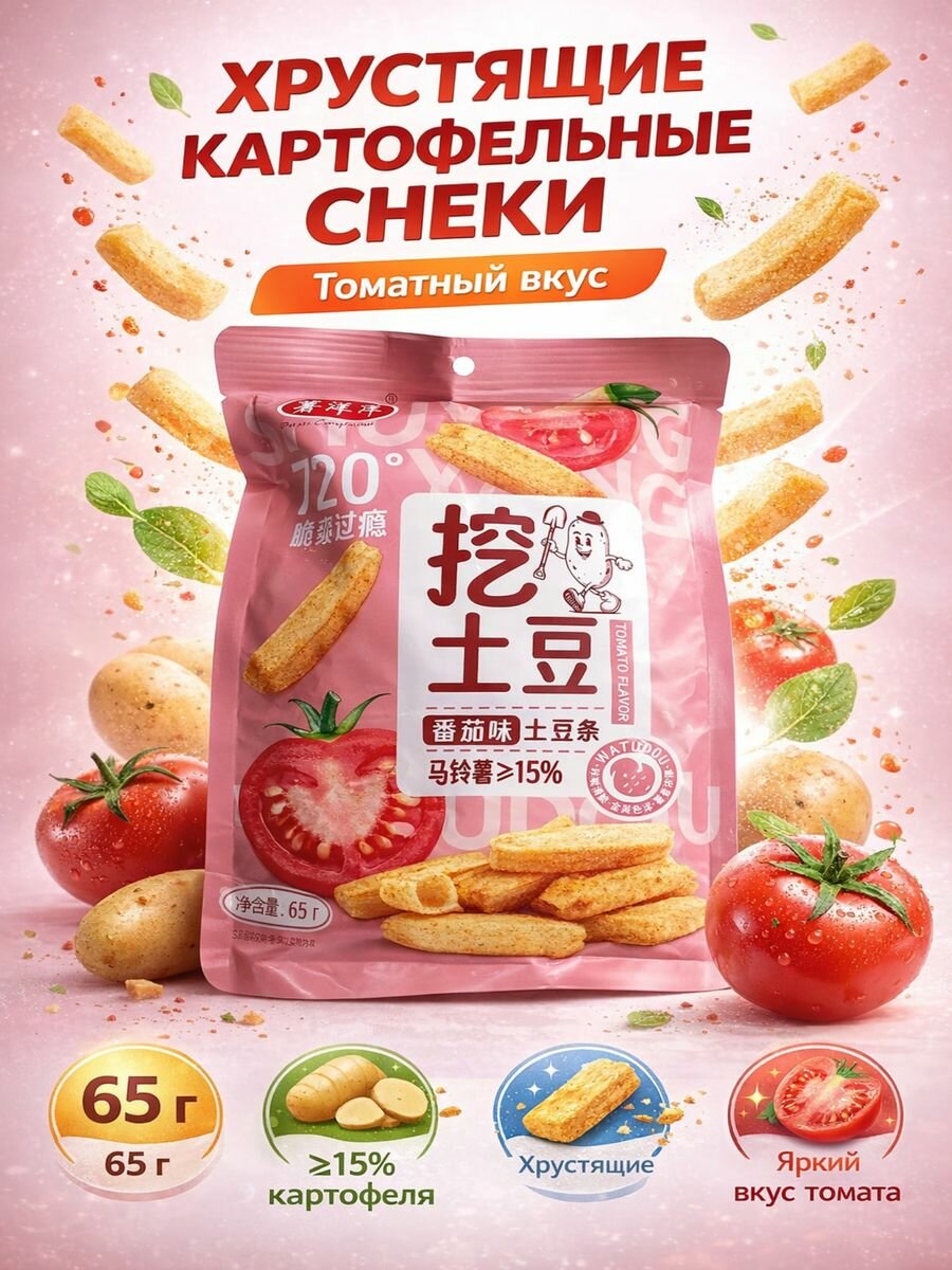 Картофельные снеки томат, хрустящие чипсы, закуска, перекус 65 г