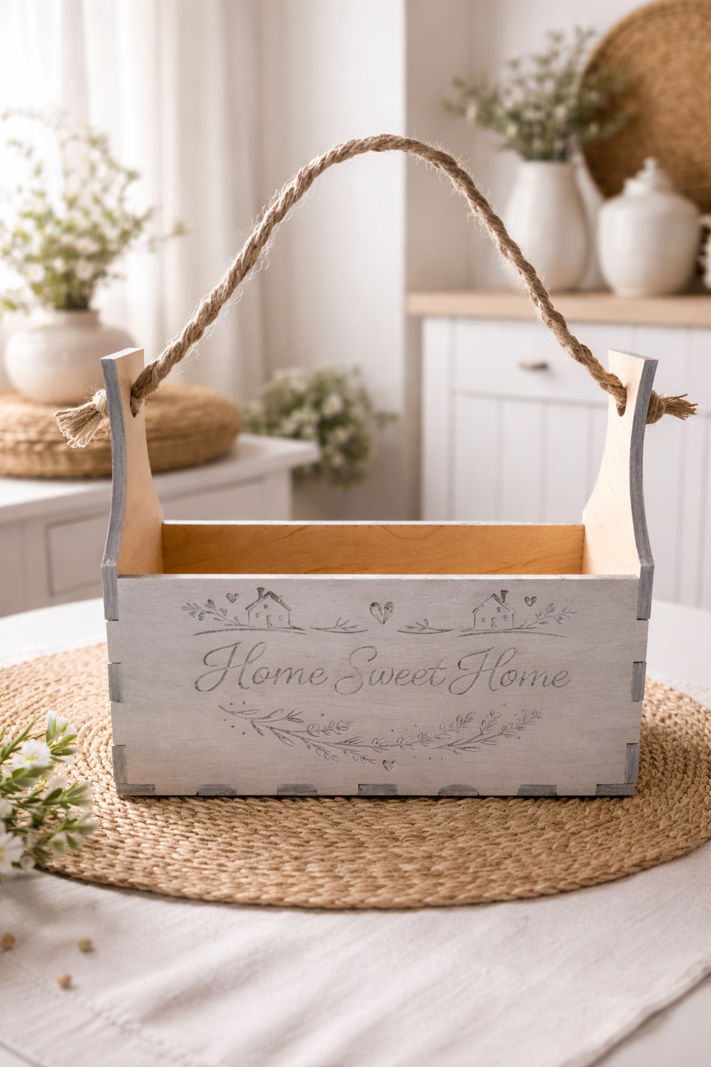 Декоративный деревянный ящик с джутовой ручкой для хранения, цветов и декора