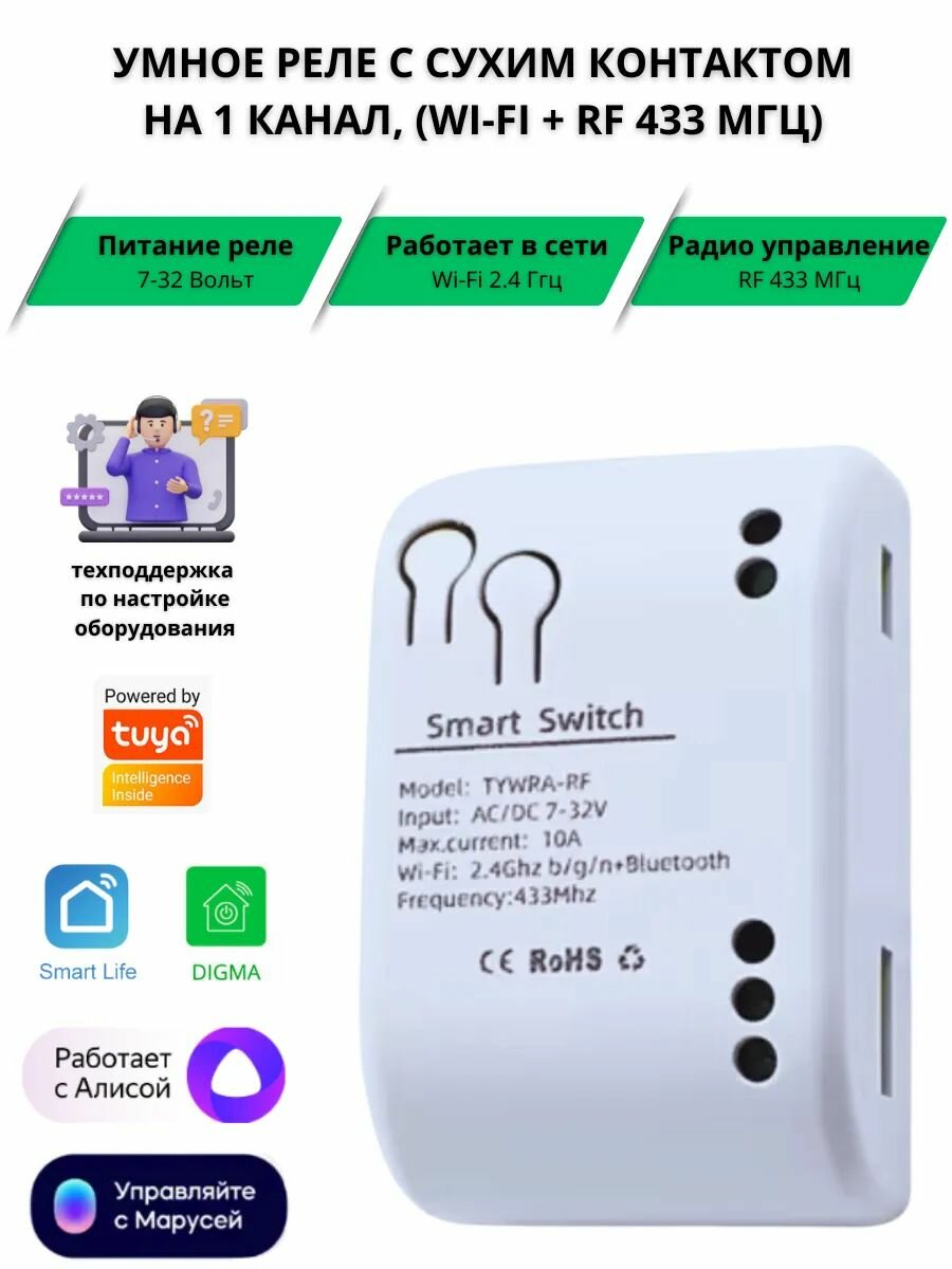 Умное реле 1-канальное 12В Wi-Fi Tuya + RF 433 МГц, с Алисой