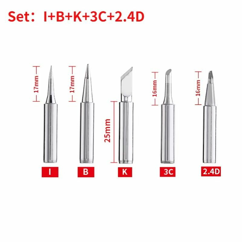 Набор жал для паяльника 900M-T, комплект из 5 бессвинцовых насадок I + B + K + 2.4D + 3C