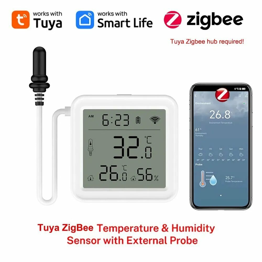 Умный ZigBee датчик температуры и влажности с внешним зондом и дисплеем