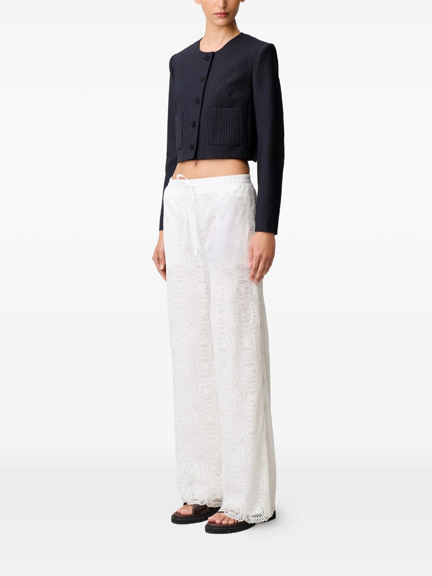 Брюки CLAUDIE PIERLOT Lace drawstring trousers, размер 40, бежевый/белый — фото 1