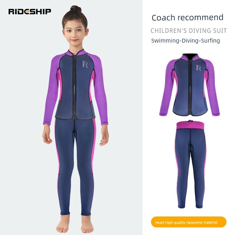 Детский купальник 3 мм с длинными рукавами, сине-фиолетовый принт, размер 14 для плавания и серфинга