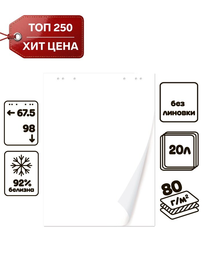Блокнот для флипчарта Calligrata, 67.5×98 см, 20 листов, 80 г/м², белизна 92%, белый