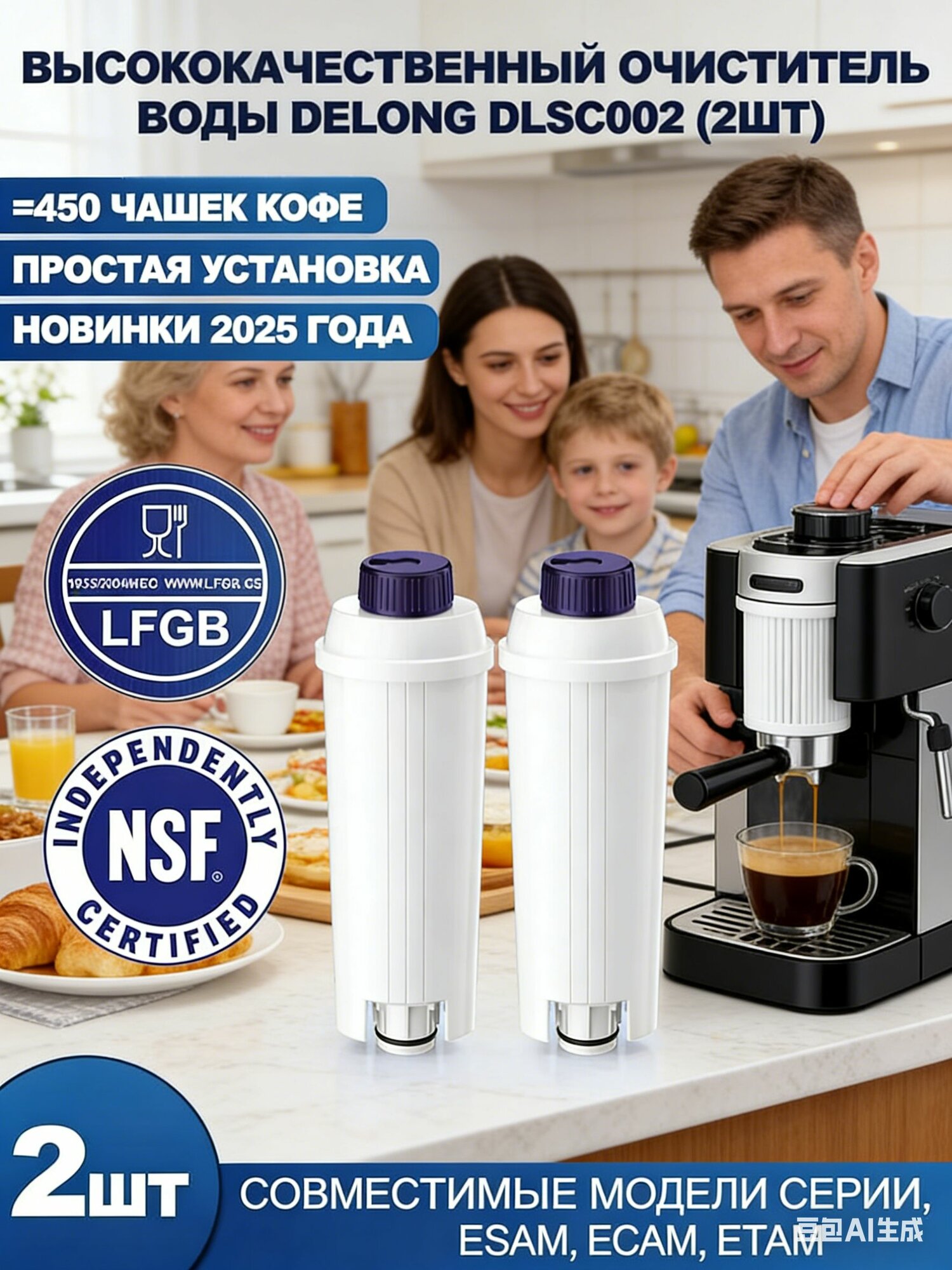 Фильтр для кофемашины 2 шт Delonghi DLSC002, Совместимость с кофемашинами Delonghi, до 2 месяцев использования, совместимый EAM ESAM ETAM