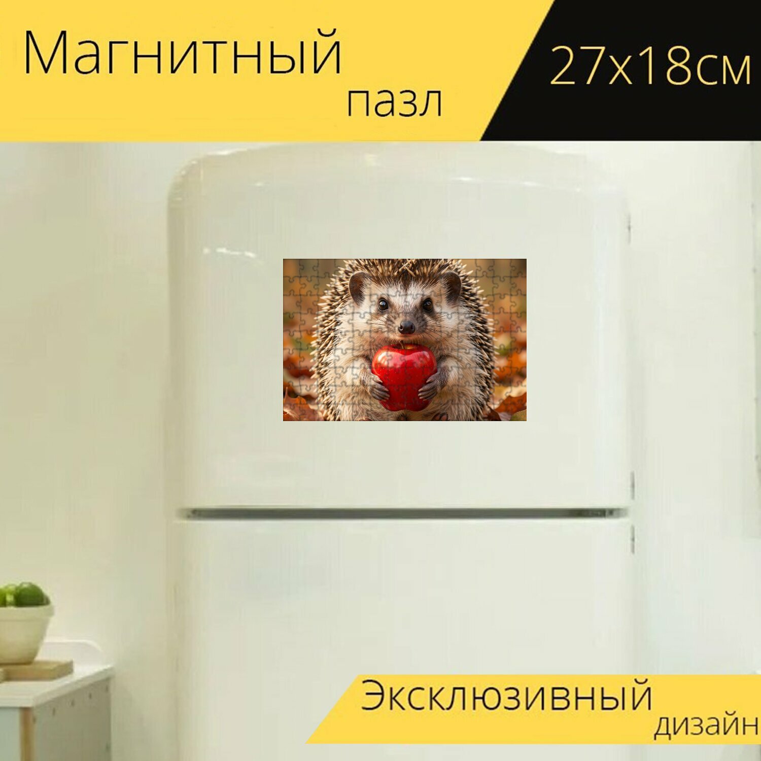 Магнитный пазл "Ежик с красным яблоком. Милый лесной зверёк с колючками держит яркий плод в лапках, вокруг осенние листья. Тёплые оранжево-коричневые." на холодильник 27 x 18 см.