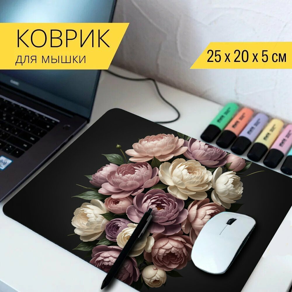 Коврик для мыши с принтом "Букет пионов на темном фоне. Нежная цветочная композиция из пышных бутонов в розовых, лиловых, кремовых и белых оттенках, с зелёными листьями на." 25x20см.