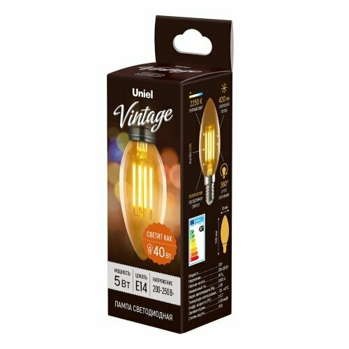 Светодиодная лампа Uniel Vintage LED-C35-5W/GOLDEN/E14 GLV21GO Форма «свеча», золотистая колба. Картон. ТМ
