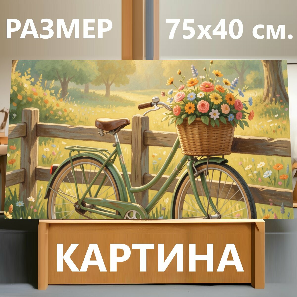 Картина на холсте "Велосипед с корзиной цветов. Уютная летняя сцена в живописном парке: ретро-велосипед у деревянного забора, пышные полевые." на подрамнике 75х40 см. для интерьера