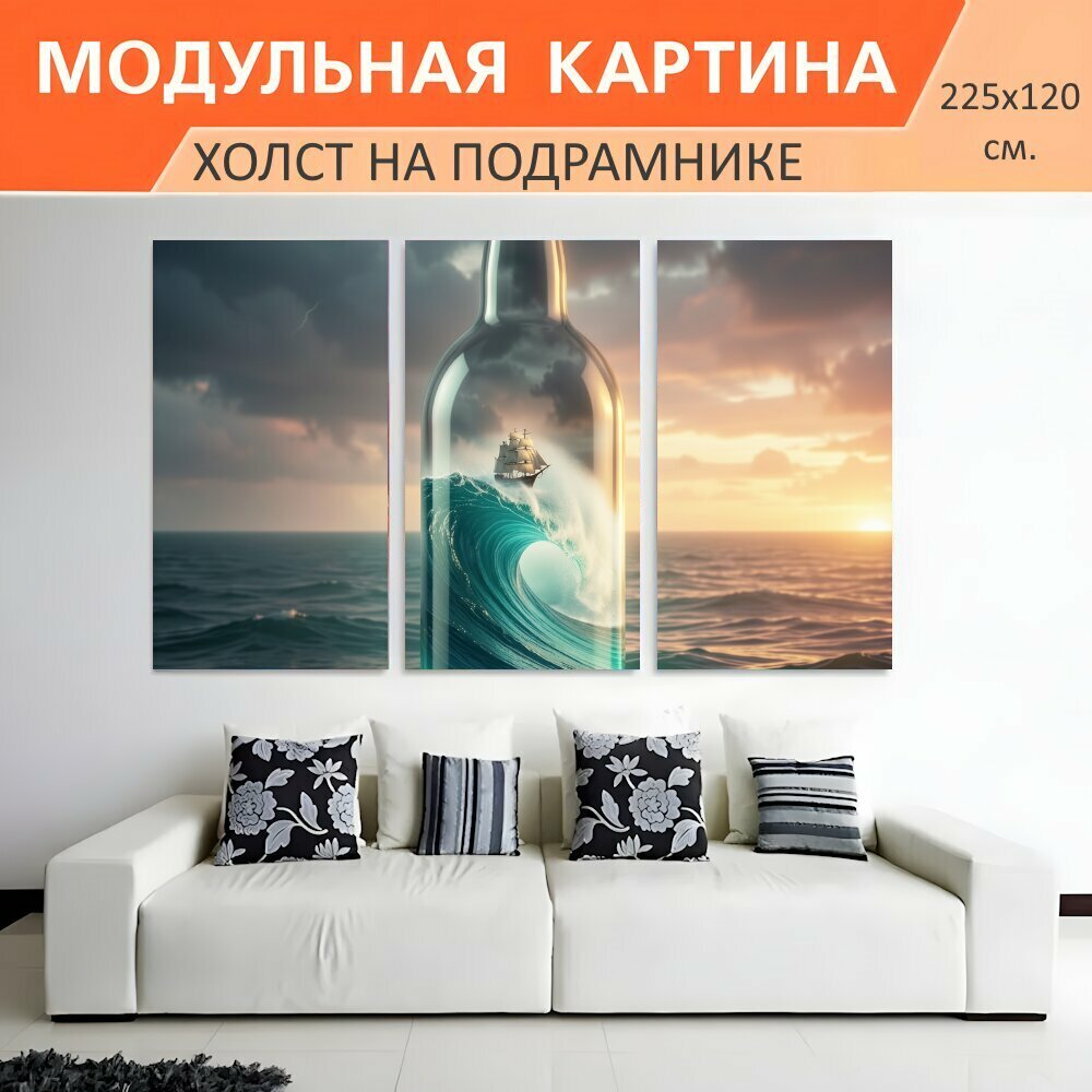 Модульная картина на холсте "Корабль в бутылке на море. Фантазийная морская сцена в реалистичном стиле: стеклянный сосуд с волной и." триптих на подрамнике 225х120 см. для интерьера