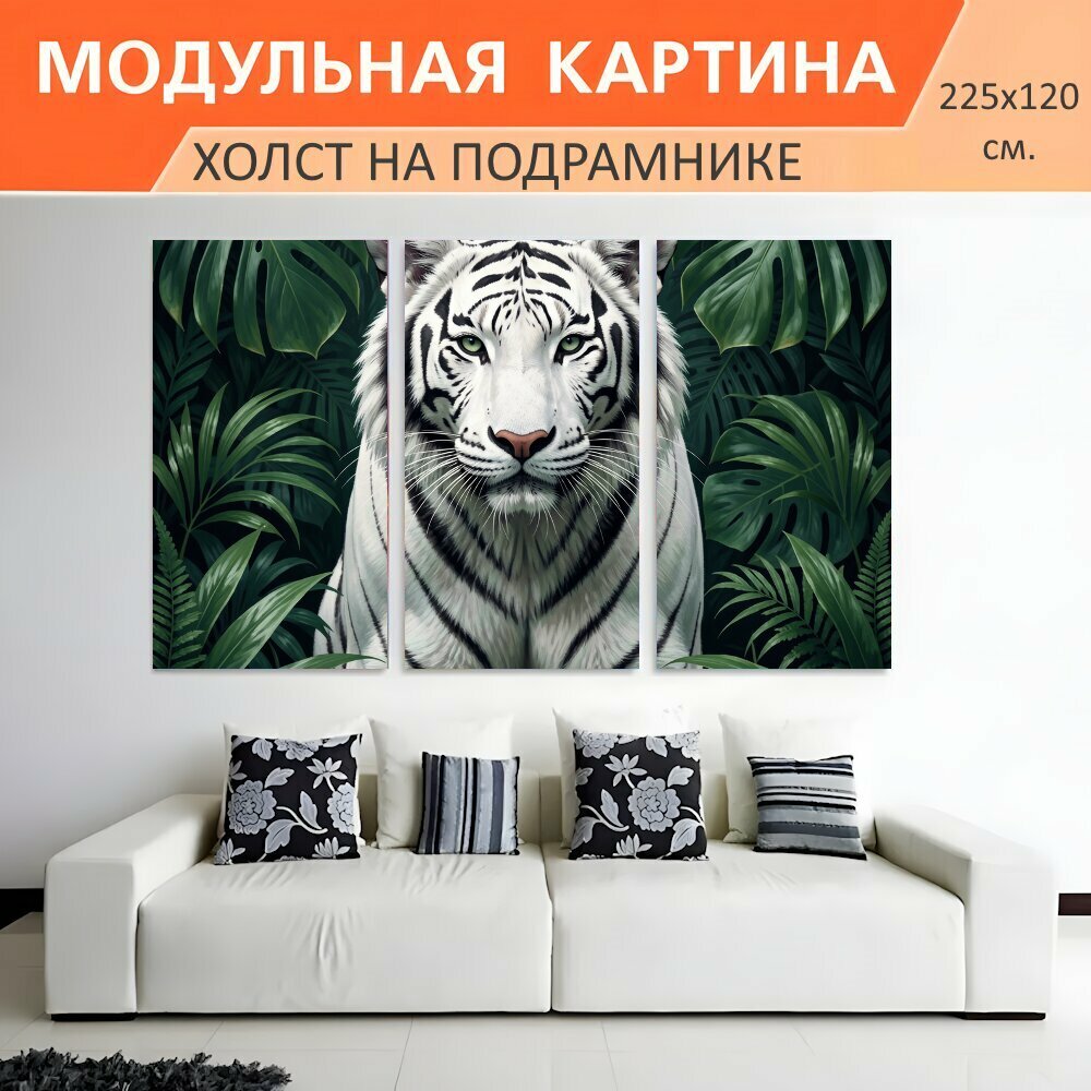 Модульная картина на холсте "Белый тигр в джунглях. Реалистичный хищник с пронзительным взглядом среди густой тропической листвы." триптих на подрамнике 225х120 см. для интерьера