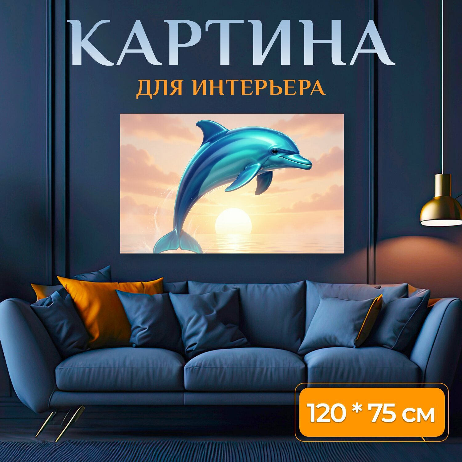 Картина на холсте "Прыгающий дельфин на закате. Яркий морской сюжет с изящным китообразным в прыжке над спокойной водой, мягкие облака и." на подрамнике 120х75 см. для интерьера
