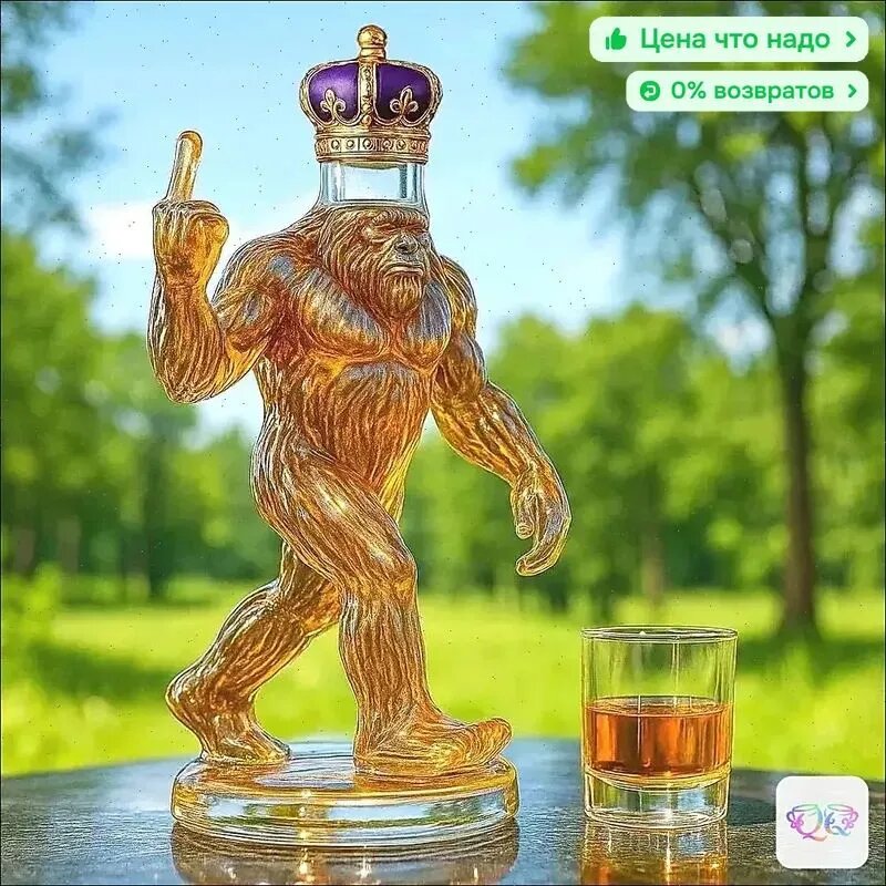 Фигурная бутылка для напитков из стекла в виде коронованной фигуры, янтарное стекло