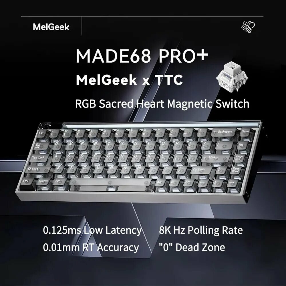 MelGeek Игровая клавиатура проводная Made68 Pro+ TTC King of Magnetic KOM Switch, Английская раскладка, черный матовый, прозрачный