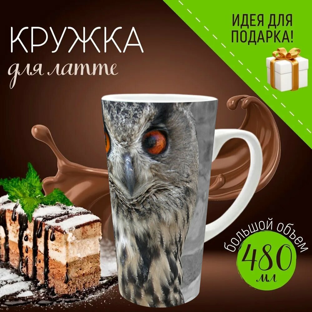 Кружка латте керамическая большая для чая и кофе с прикольным принтом "Зрелище Филин с высоты птичьего полета. птицы добычу сова перья клюв глаз коричневый черный." 500 мл.