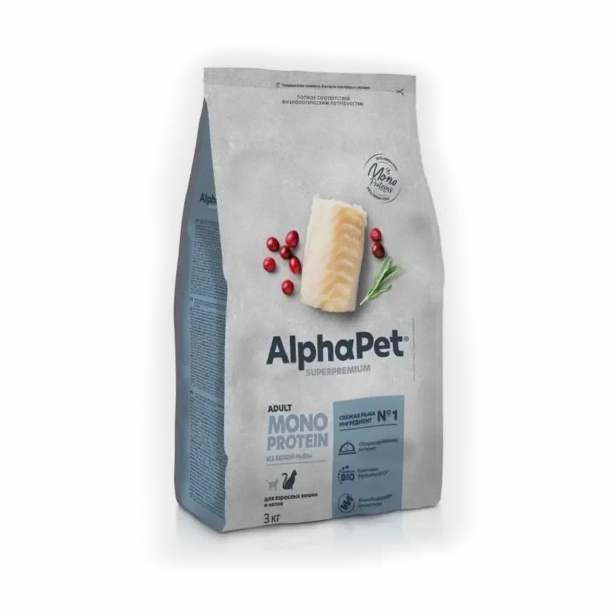 AlphaPet MONOPROTEIN сухой корм для кошек, из Белой рыбы 3кг