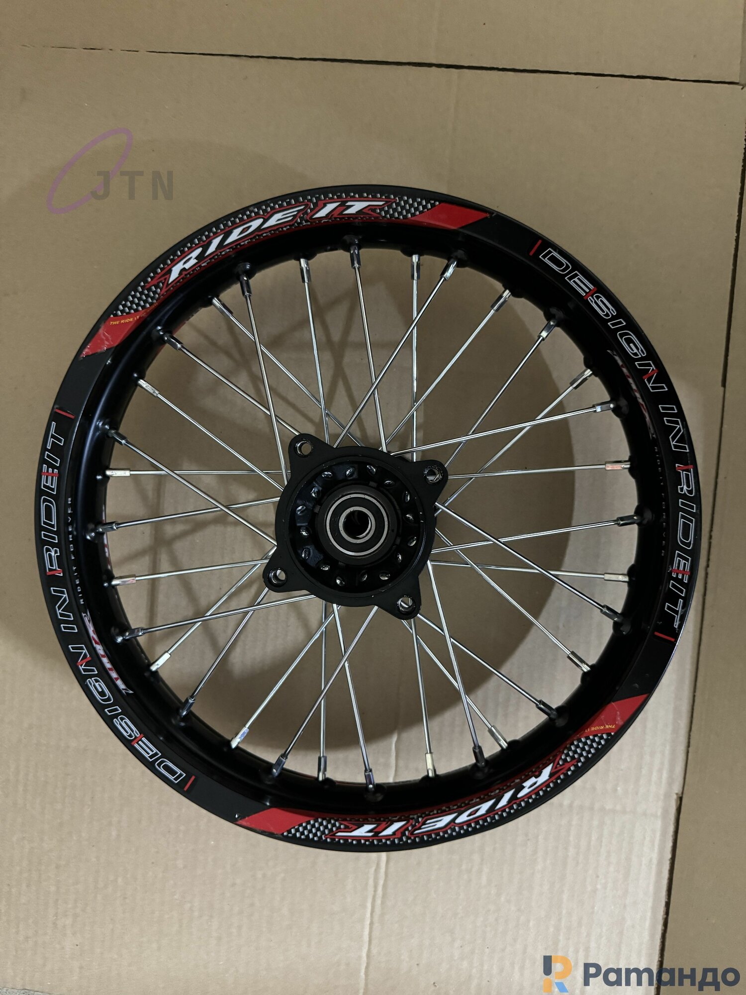 Задний обод (диск) для питбайка 14" 1.85-R14 d-15mm в сборе, алюминиевый — черный обод и ступица, серые спицы