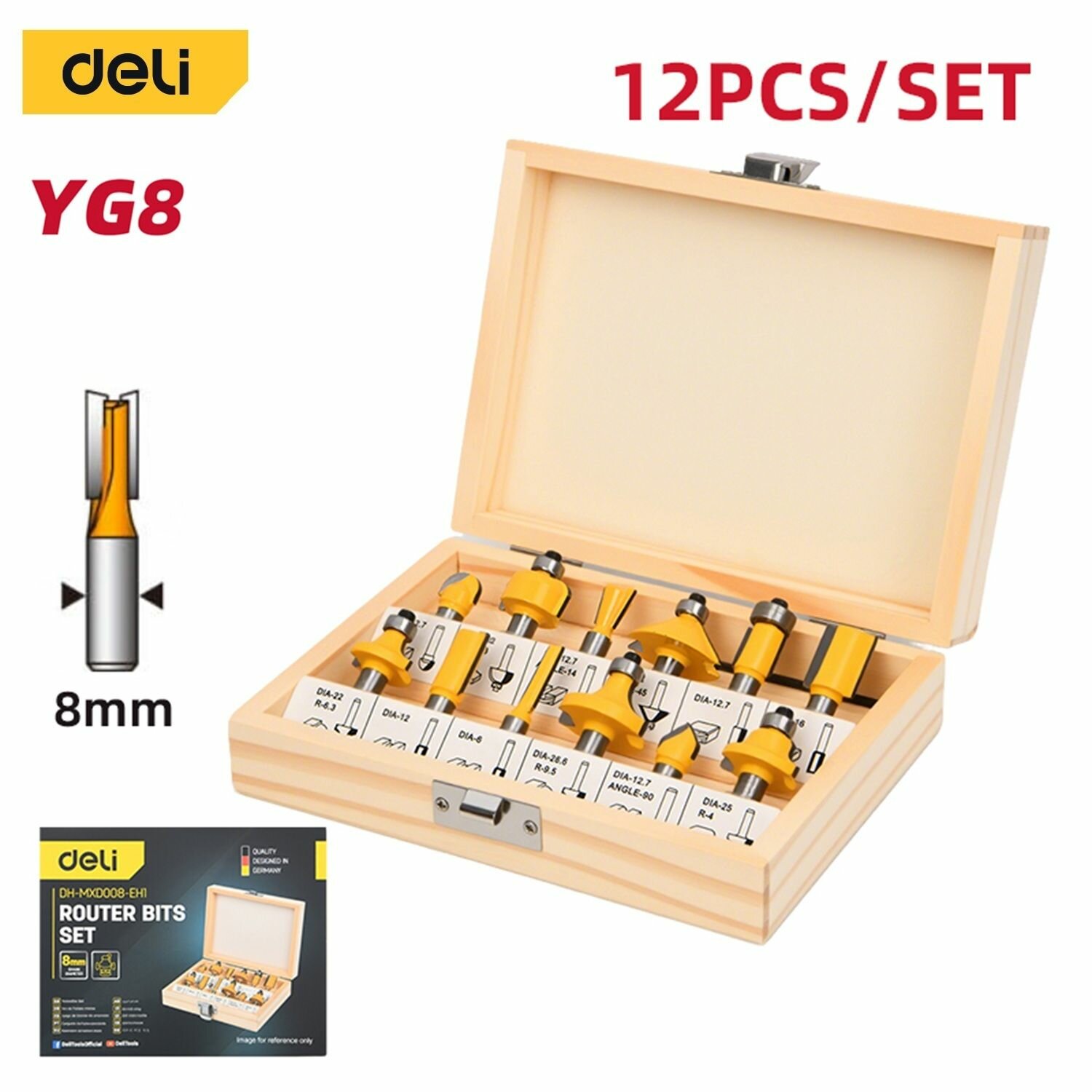 Набор фрез по дереву 12 шт Deli DH-MXD008-EH1 хвостовик 8мм, деревянный кейс