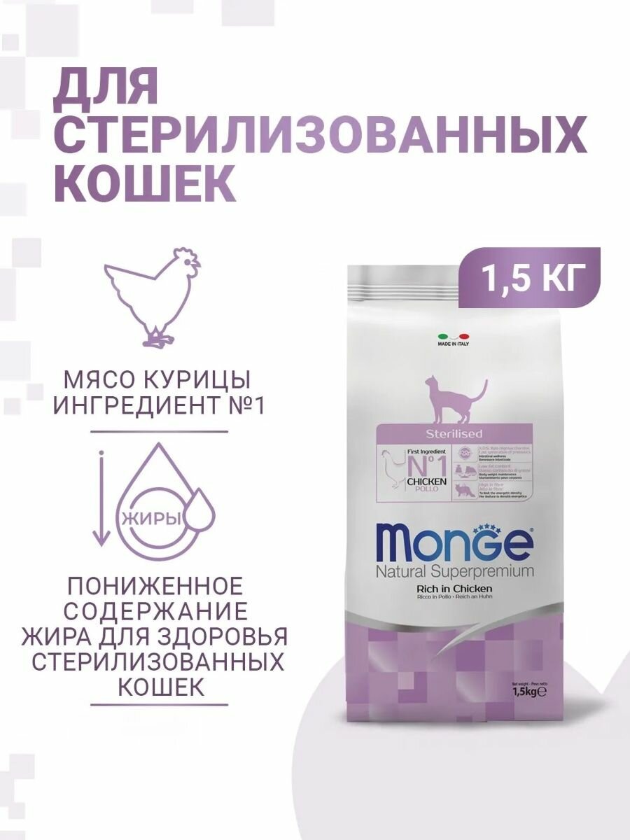 MONGE Сухой корм для стерилизованных кошек с курицей 1,5 кг