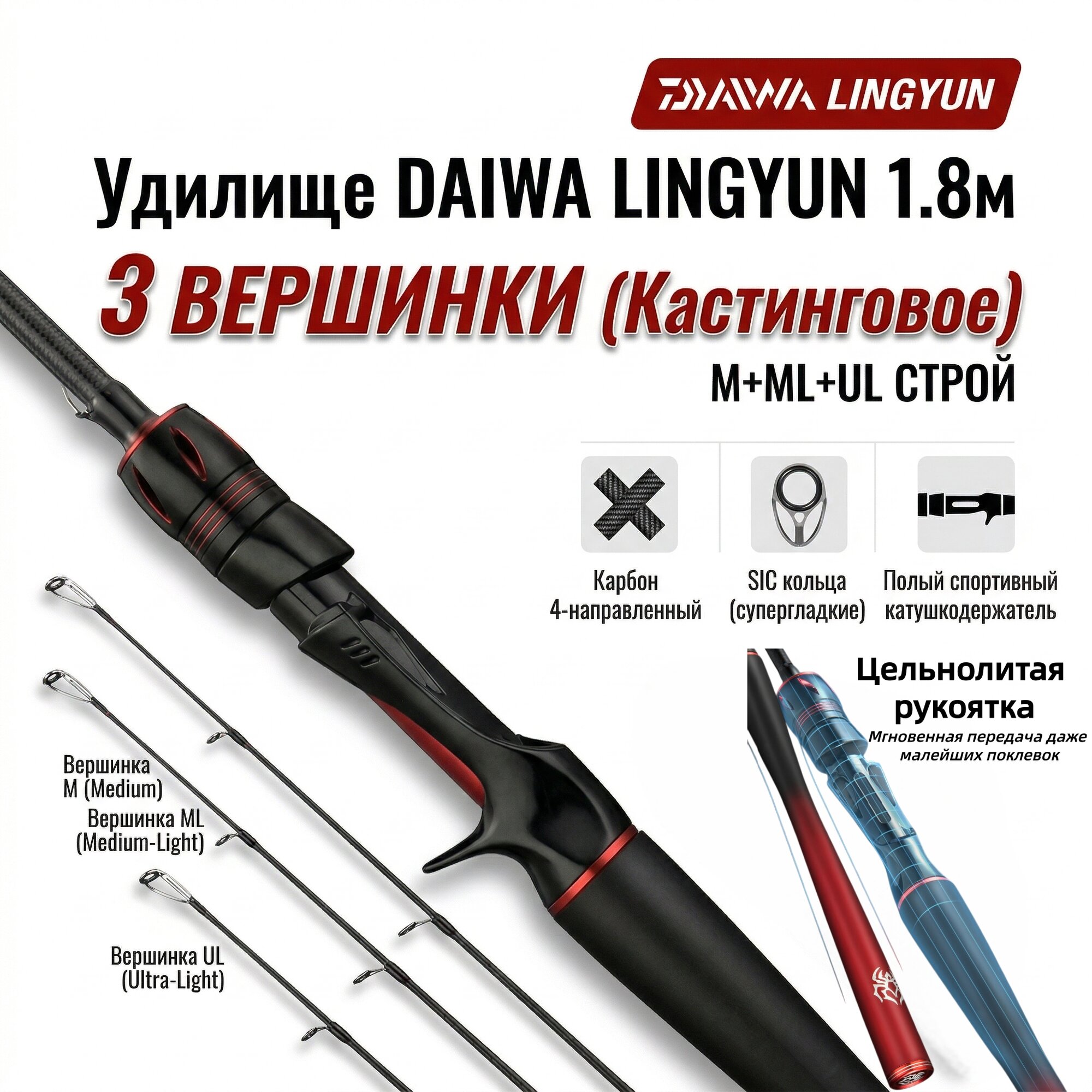 Спиннинг Daiwa Lingyun углеродный 1.65-2.7м прямой, два/три хлыстика M ML UL, SIC кольца, для щуки окуня