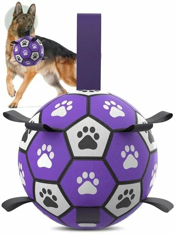 Qdan Игрушечный футбольный мяч для собак с 9 лентами и ручным надувным устройством мячик для собак- Фиолетовый и черный
