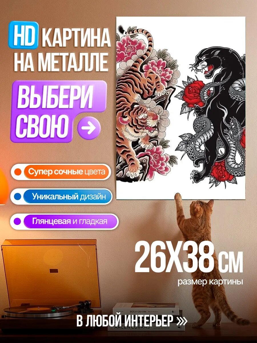 Картина на HD металле Тигр и пантера с цветами