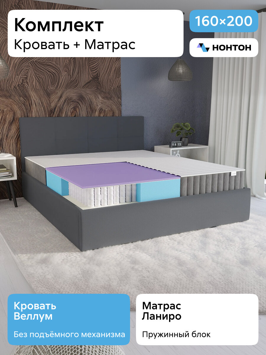 Кровать двуспальная Нонтон Веллум, 160x200 см, настил, Матрас НПБ H2 Ланиро, велюр темно-серый