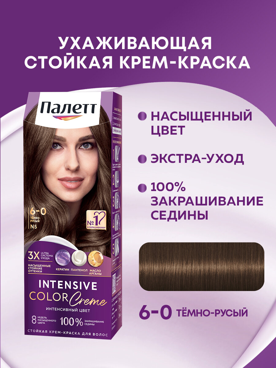 Палетт Стойкая крем-краска для волос Интенсивный цвет 6-0 (N5) Тёмно-русый, 110 мл