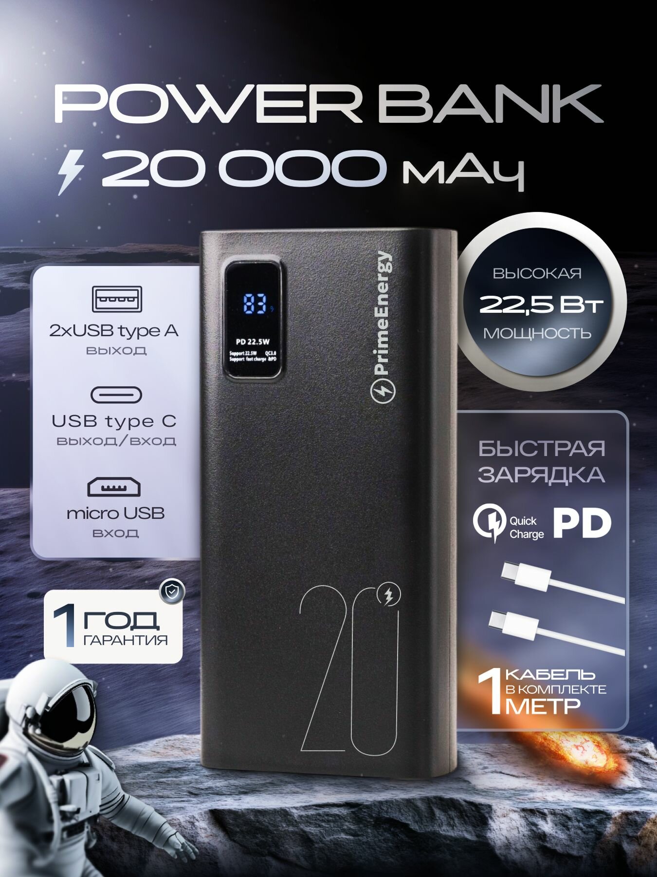 Повербанк Powerbank 20000mah с быстрой зарядкой для айфона, пауэрбанк, внешний аккумулятор для телефона, черный