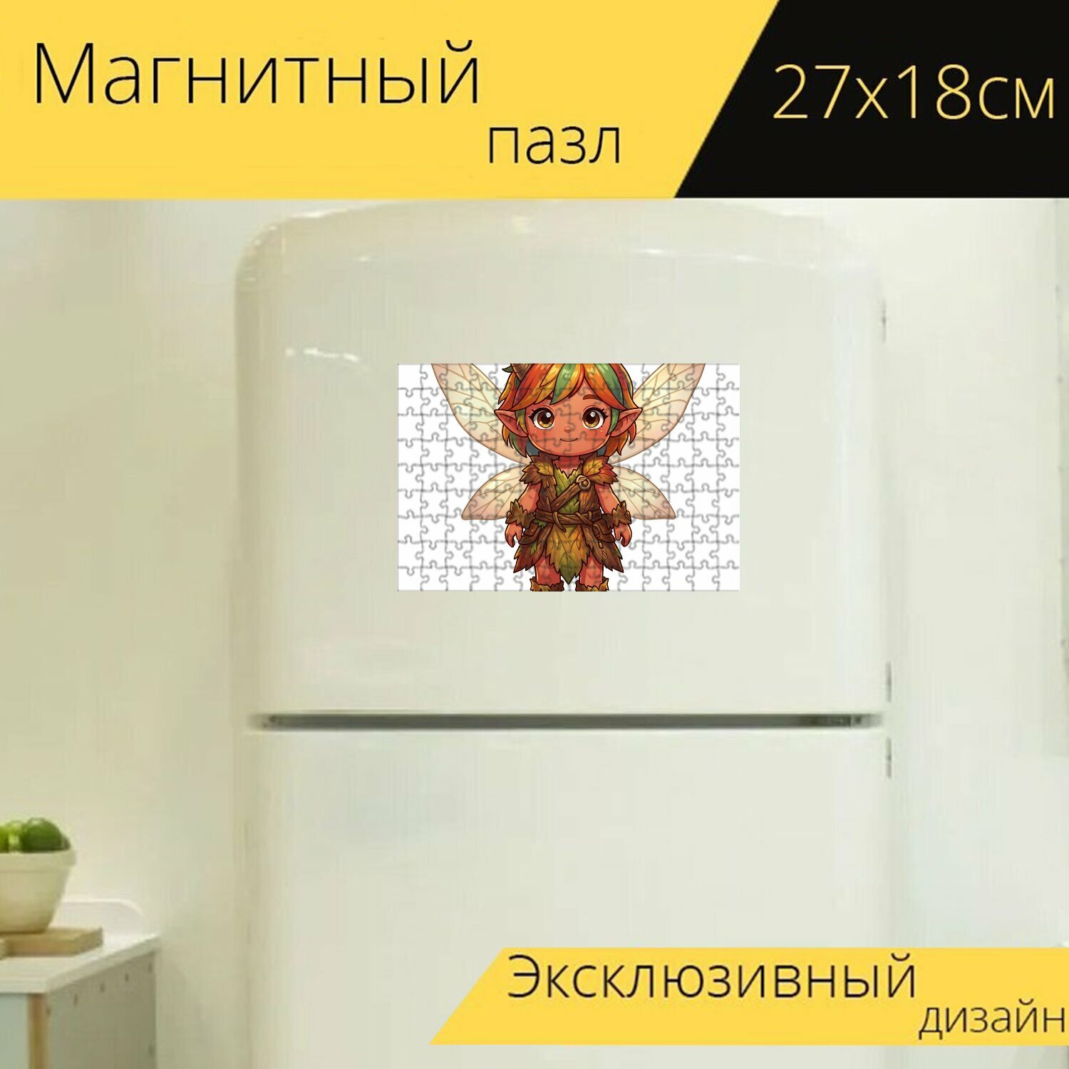 Магнитный пазл "Лесная фея с крыльями. Милый сказочный персонаж в аниме-стиле с прозрачными крылышками, рогом и нарядом из осенних листьев. Тёплые." на холодильник 27 x 18 см.