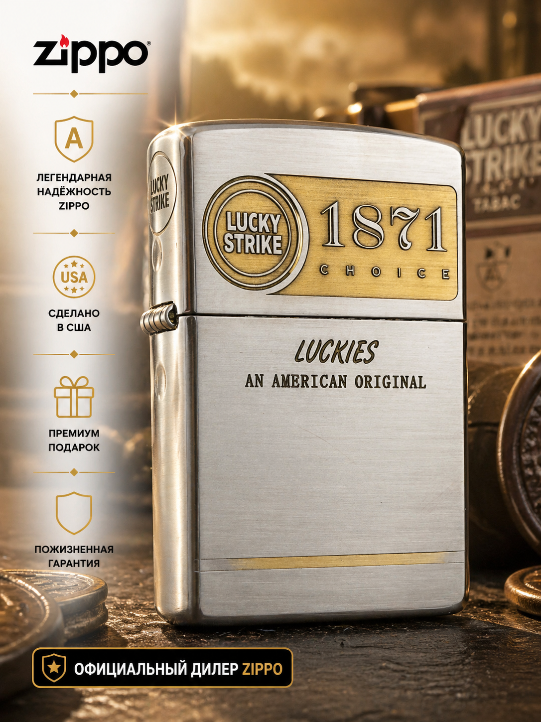 Бензиновая Оригинальная Зажигалка zippo Lucky Strike