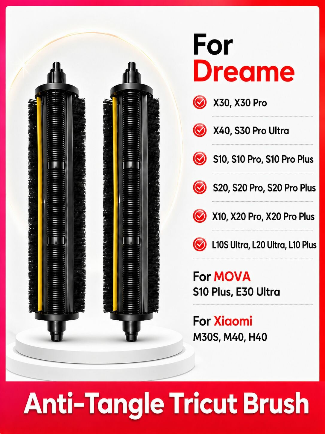 Совместимо с ( Dreame L10S Pro, L20 Ultra, L30 Ultra, D10S Plus, X30 Pro, X40, S10 Plus, W10S Pro, Xiami M30S OMNI ) Щётка с лезвиями предотвращает наматывание волос