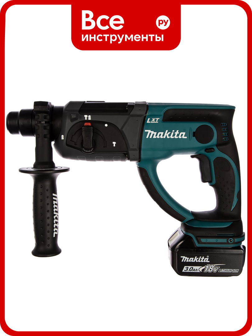Перфоратор аккумуляторный Makita LXT DHR202RF, 3 Ач, 3 режима, сила удара 1.9 Дж, максимальный диаметр сверления