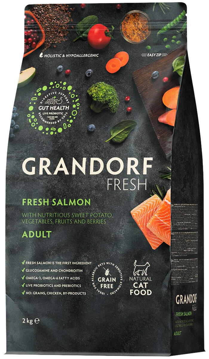 Корм сухой Grandorf Fresh Grain Free Cat Adult Salmon & Sweet Potato беззерновой для взрослых кошек, лосось, батат, 2 кг