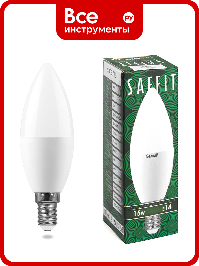 Светодиодная лампа SAFFIT SBC3715 тип свеча E14, нейтральный белый, матовая отделка для общего освещения